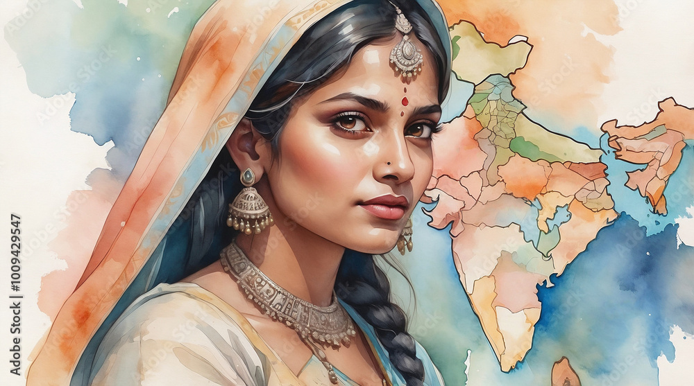 Portrait of Indian woman in traditional attire with colorful background ...