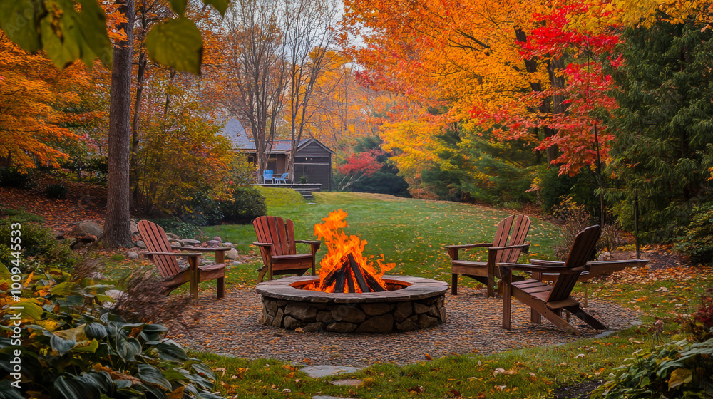 Cozy autumn gathering around a stone fire pit in a forest with colorful ...