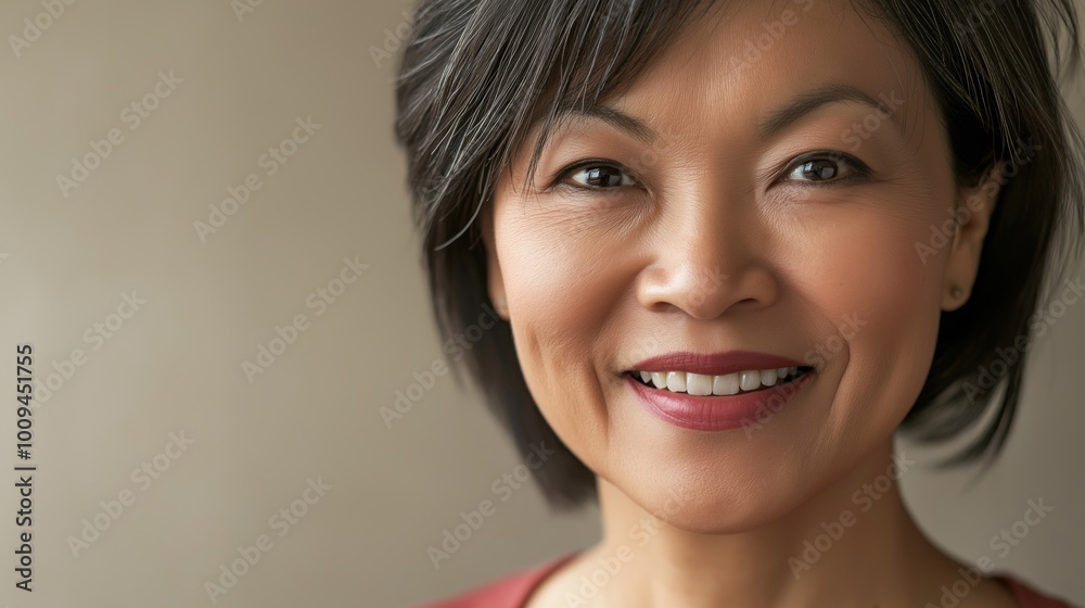 Happy asian woman with short black hair smiles confidently in a close ...