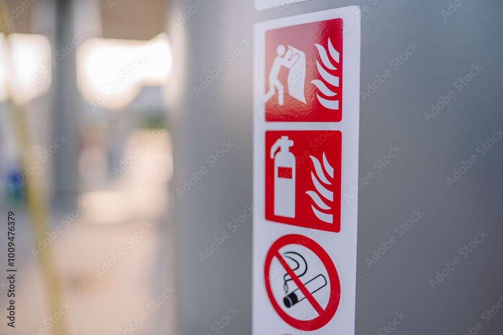 A close-up of red safety signs for fire protection, featuring fire ...