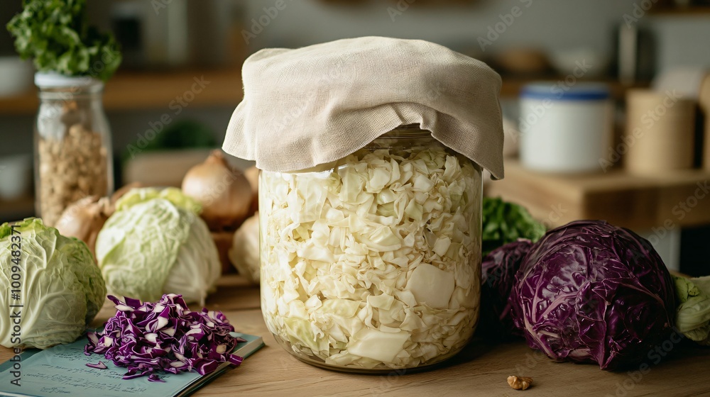 A beautiful crock of fermenting sauerkraut with a cloth cover ...