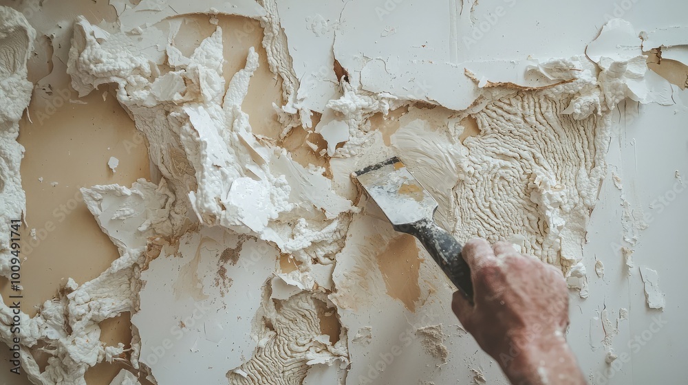 A hand scrapes peeling plaster from a wall, revealing layers of texture ...