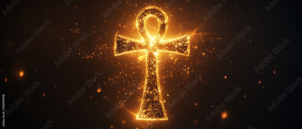 Craft a radiant Ankh symbol, softly glowing with ethereal light, set ...
