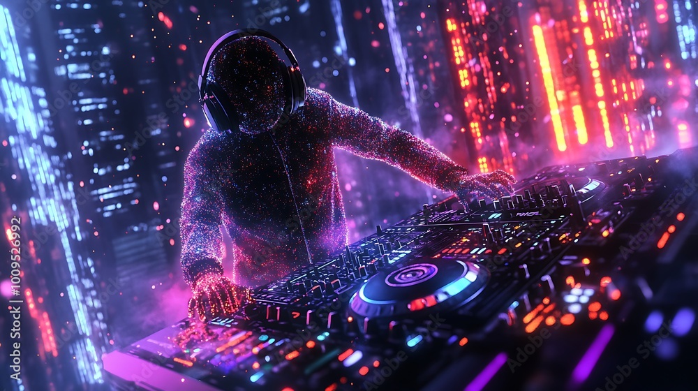 Neon visuals surrounding futuristic DJ performance in packed nightclub ...