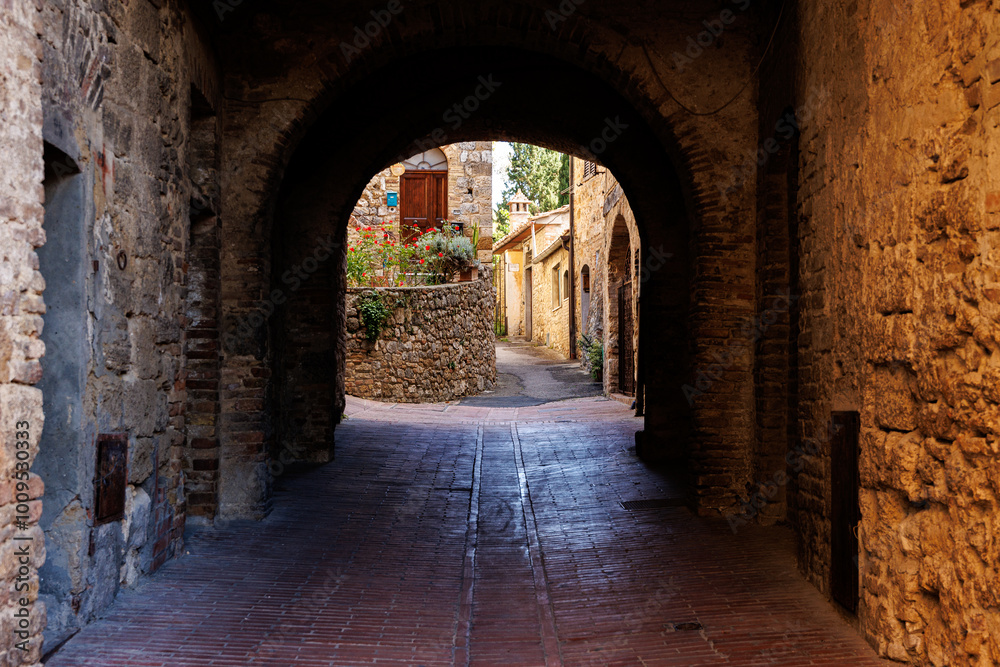 Traditional stone buildings in San Gimignano, Italy, adorned with ivy ...