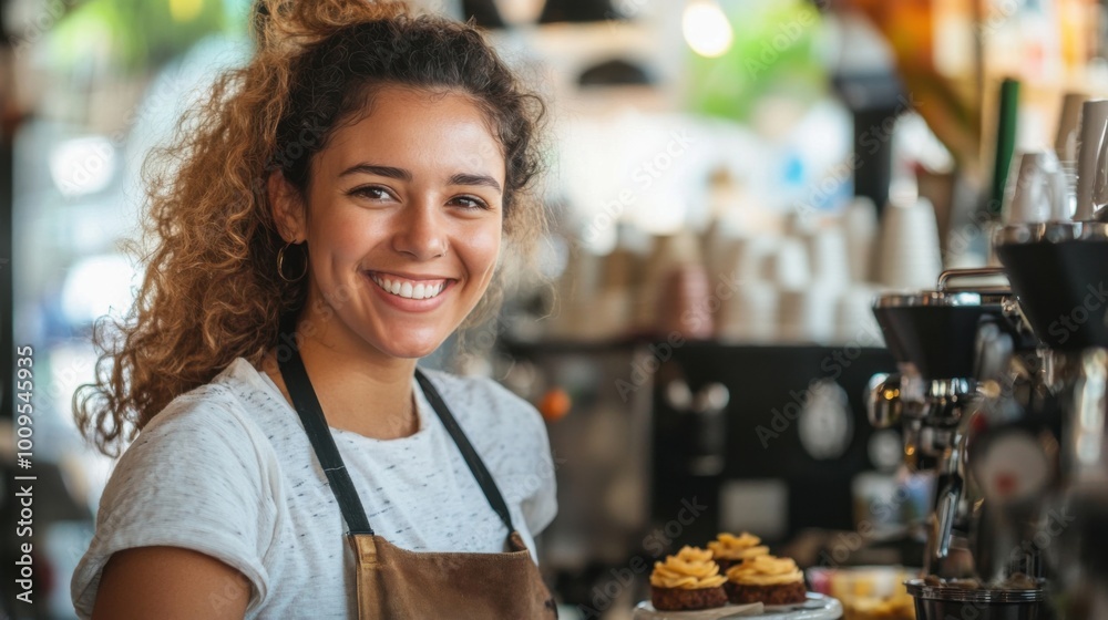 A Latina barista with light brown skin and curly hair working in a ...
