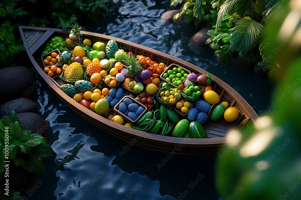 Hyper-realistic image of a boat filled with tropical fruits and ...