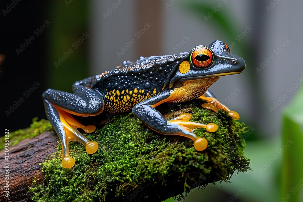 Hyper-realistic image of a colorful frog resting on a mossy log, every ...