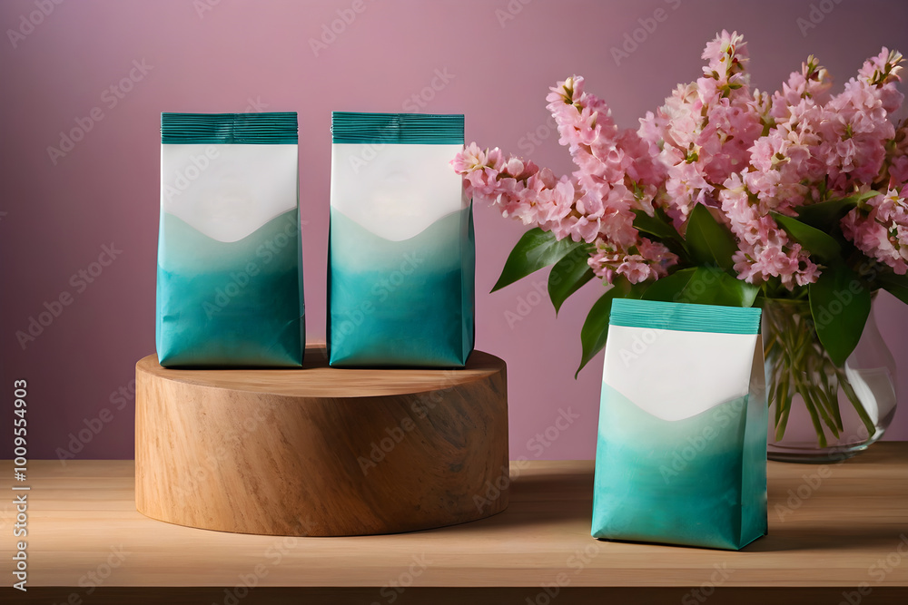 Pastel color food pouch or package sitting in natural wood podium stand ...
