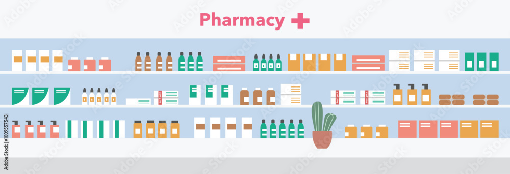 Pharmacy product shelf display illustration. Drug store product shelf ...