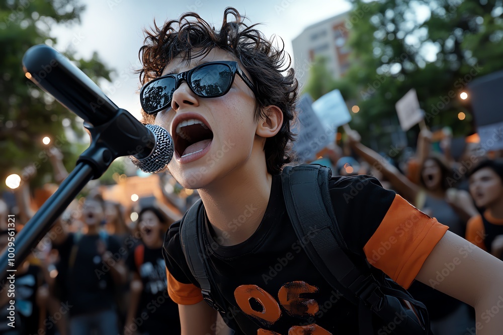 Hyper-realistic image of a young activist leading a protest, their ...