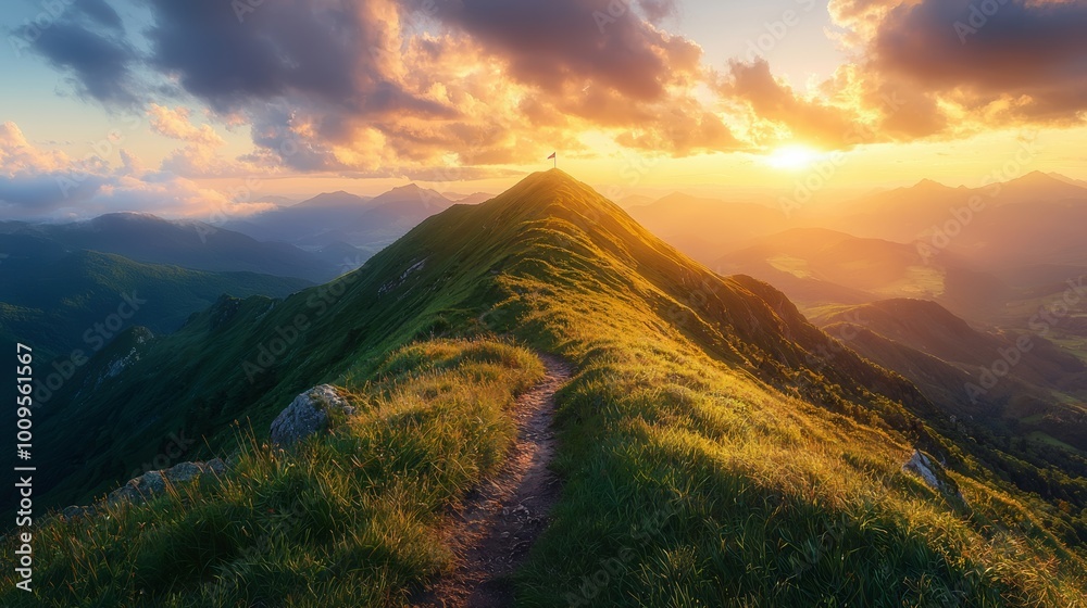 A breathtaking view of a mountain peak bathed in golden sunlight, with ...