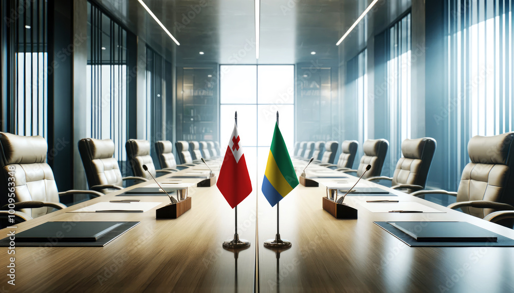 A modern conference room with Tonga and Gabon flags on a long table ...