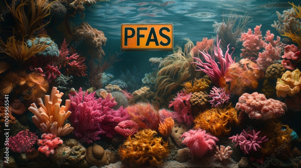 3d representation of PFAS sign surrounded by underwater fauna ...