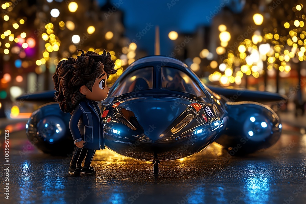 Interactive 3D digital scene of a farewell at a futuristic spaceport ...