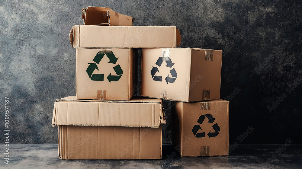 Stacked cardboard boxes and paper waste for reprocessing or upcycling ...