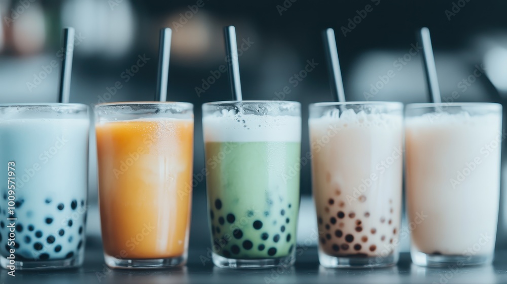 A lineup of bubble tea drinks in transparent cups showcases a range of ...