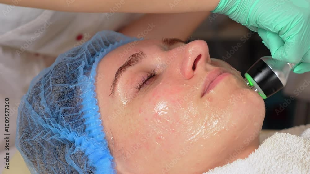 Lifting and cavitation of face. Woman receiving therapy high intensity focused ultrasound ...