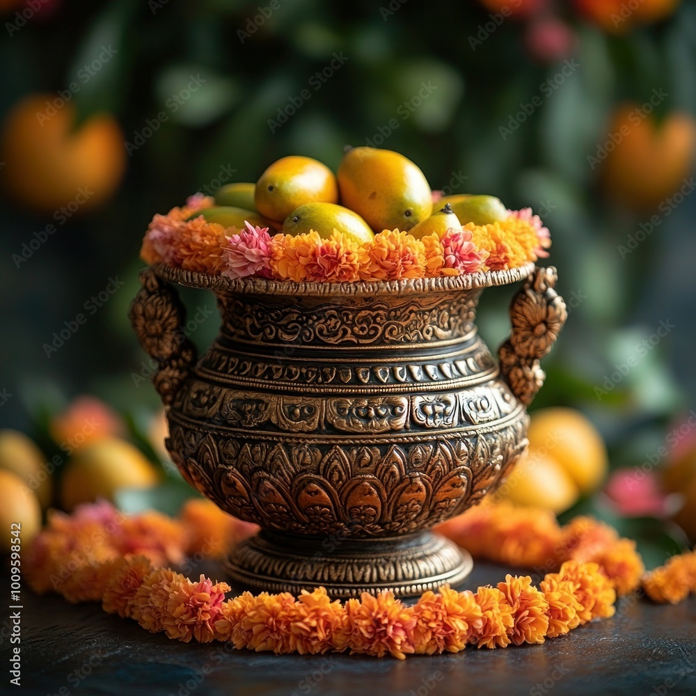 Happy Ugadi Greeting Card with Decorated Kalash and Mangoes ...