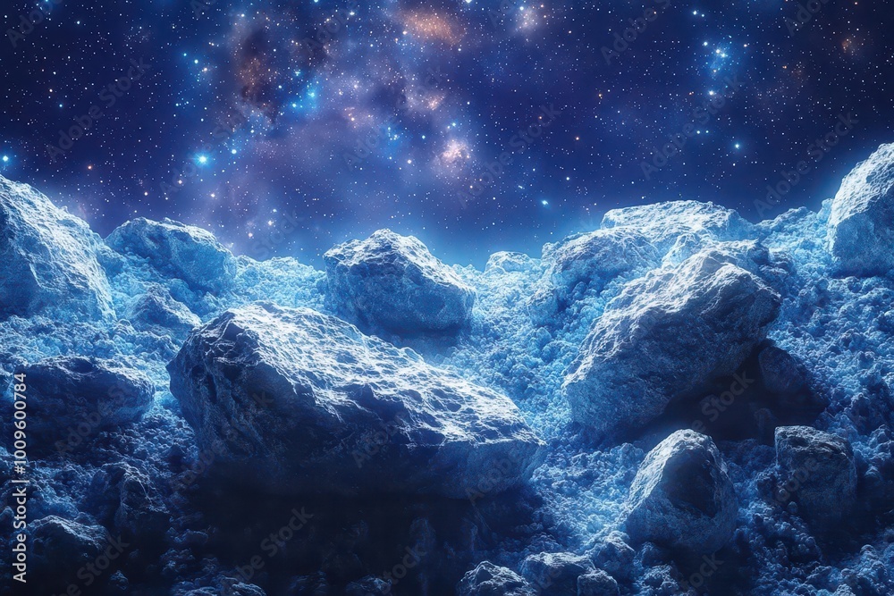 celestial scene of asteroid field against starry backdrop various sizes ...