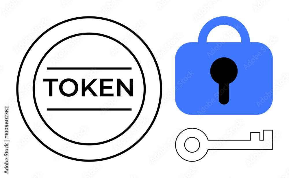 Circular token beside lock and key. Ideal for cybersecurity concepts ...