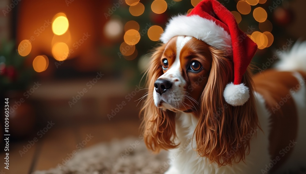 Cute realistic Cavalier King Charles Spaniel dog with Christmas cap on ...