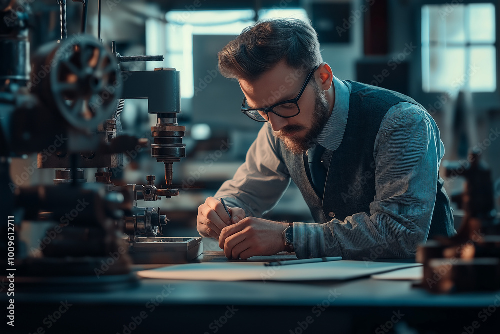 Engineer working in a workshop, focusing on a technical drawing with ...