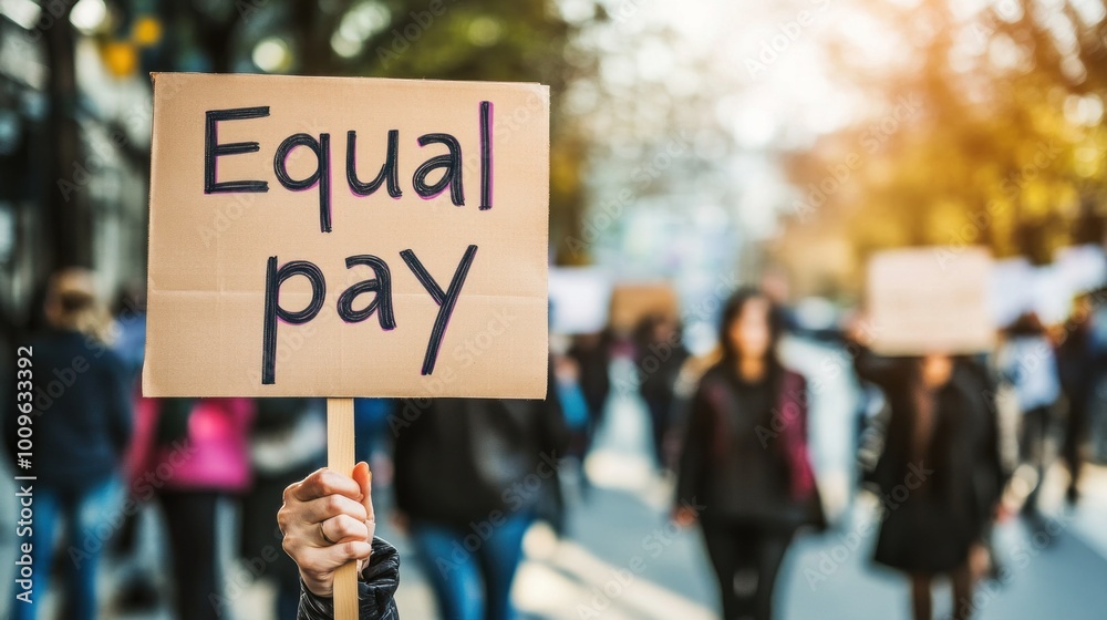 Equal pay, protest with women holding signs demanding wage equality ...