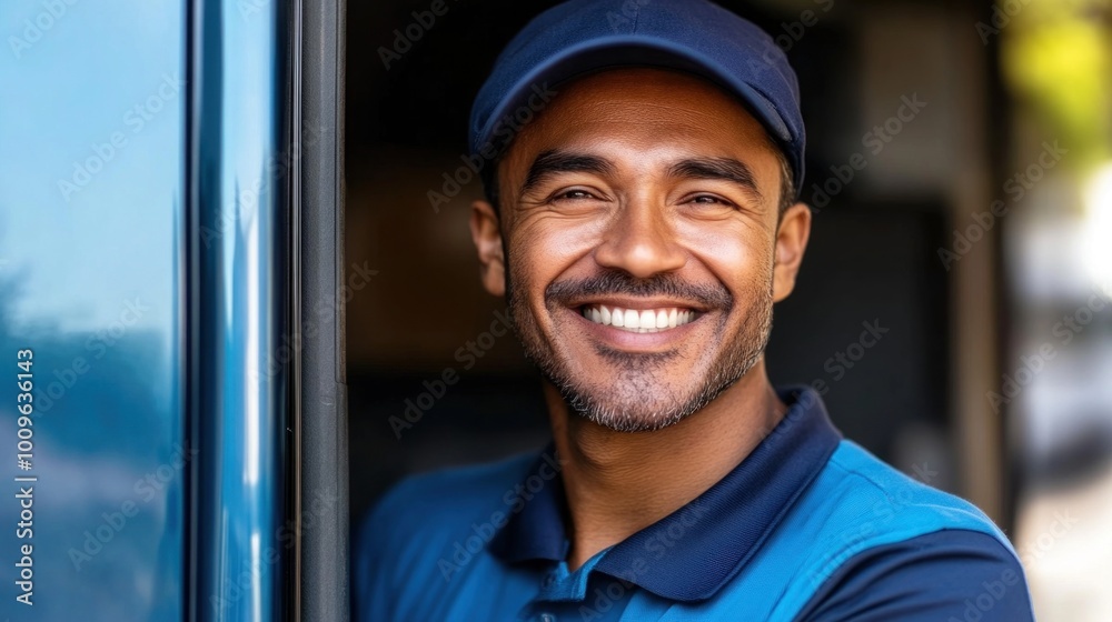A smiling delivery driver, wearing a cap and a blue uniform, leans out ...