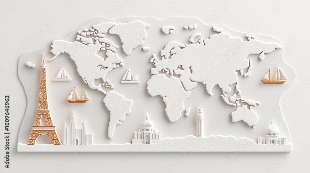 Stylized world map featuring famous landmarks in relief against a white ...