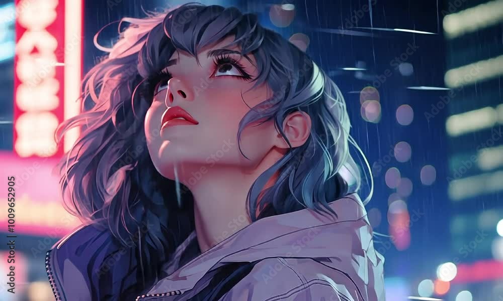 Close-up pensive anime girl in neon city lights video lofi animation ...
