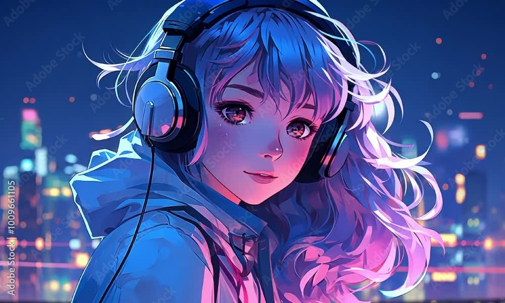 Anime girl headphones overlooking neon-lit cityscape video lofi ...