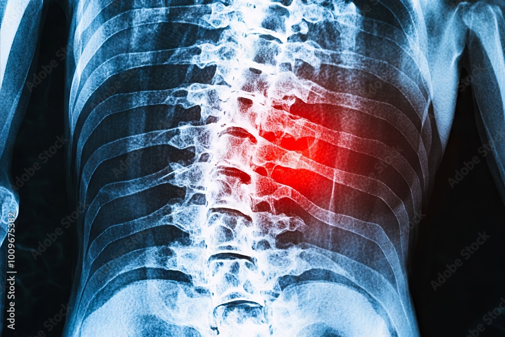 An x-ray image of a man's back with a red spot in the spine Stock ...
