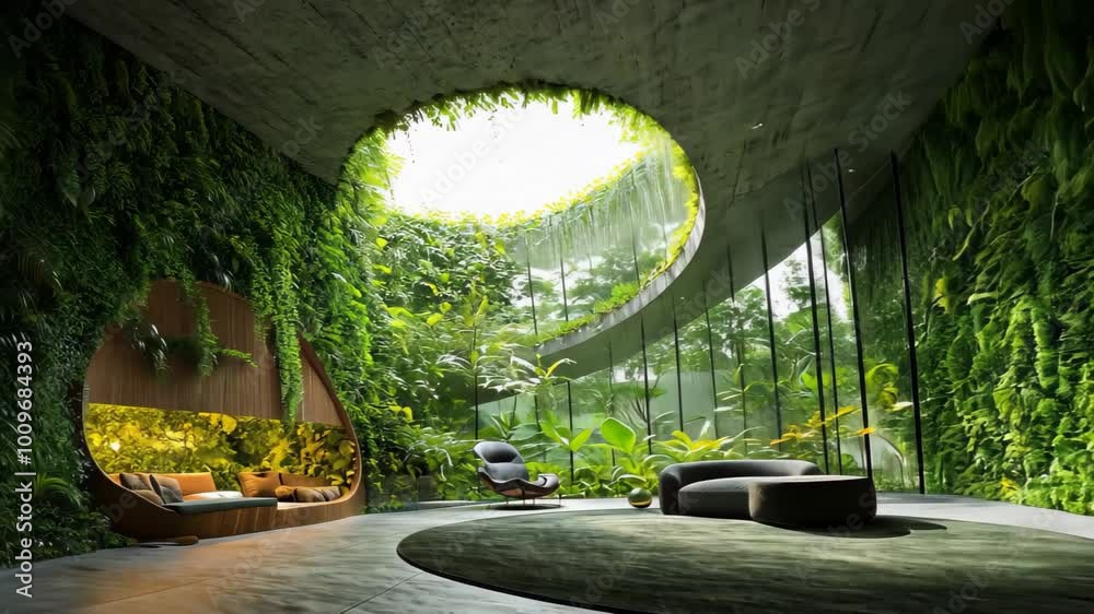 Futuristic biophilic architecture, Circular atrium with organic design ...