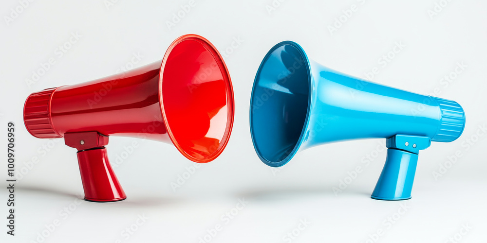 Bright red megaphone and blue bullhorn symbolize political voices ...