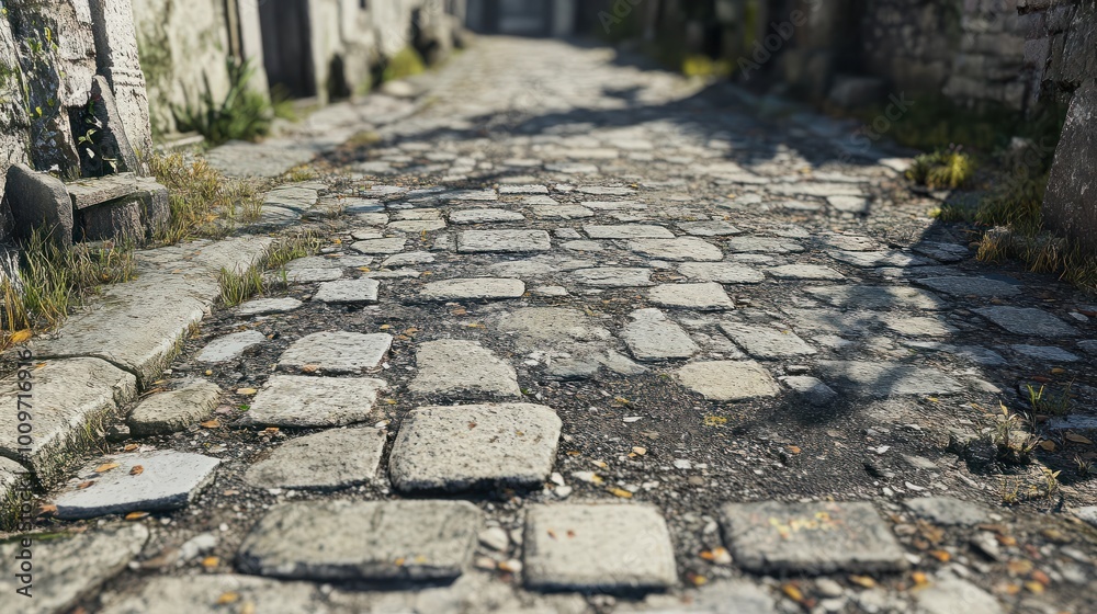 Worn-out cobblestone street with chipped edges, framed by faded ...