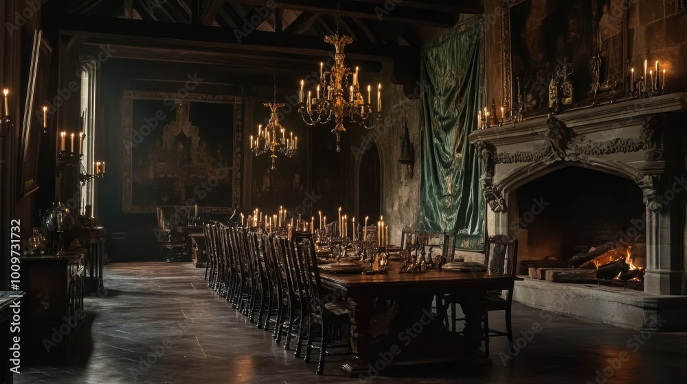 Gothic dining hall featuring a long wooden table, high-backed chairs ...