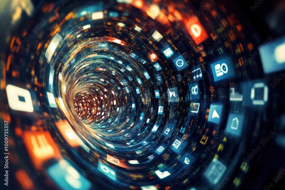 Swirling vortex of digital icons converging into a high-tech data ...