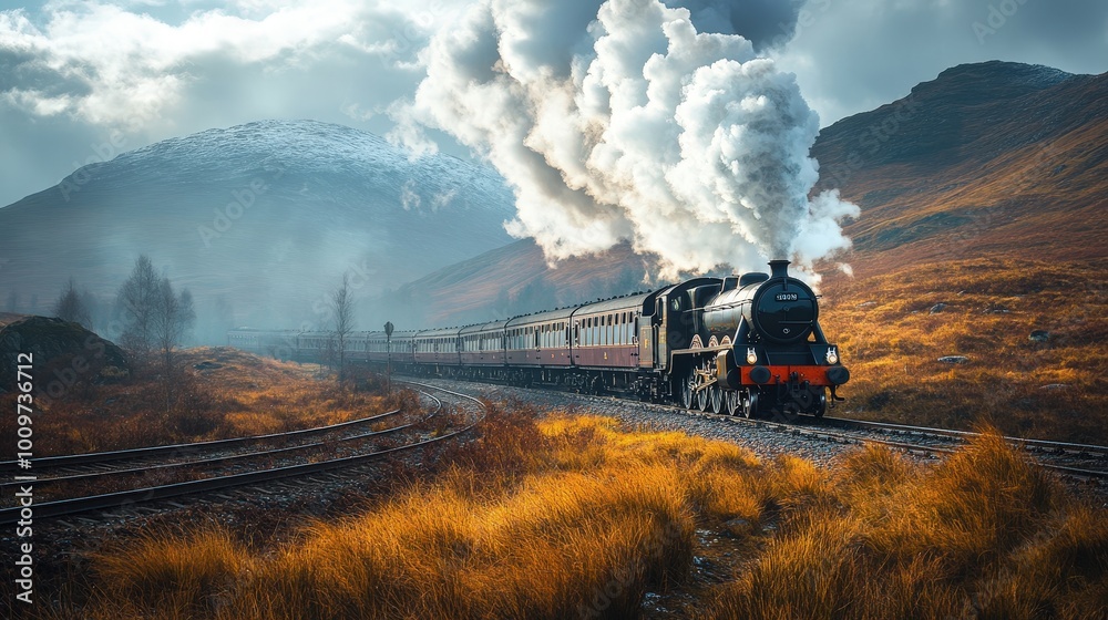 Vintage steam train chugging along an old railway through a scenic ...