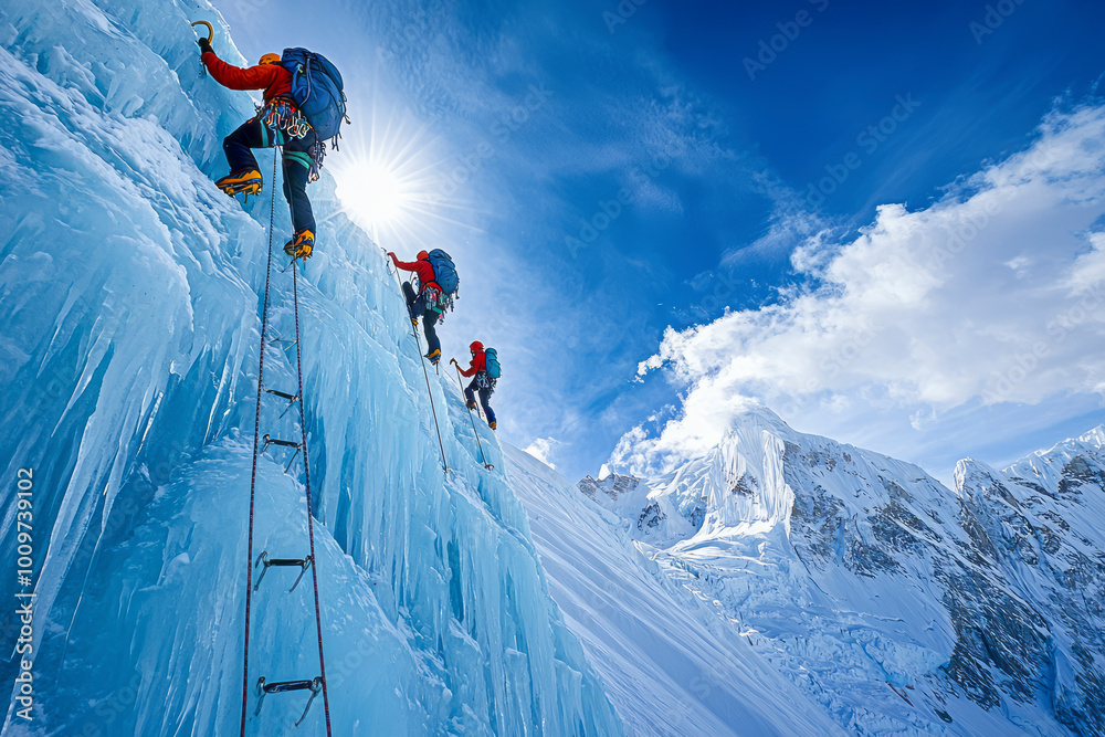 Fotografia High-quality image of a team scaling an icy peak on Mount ...