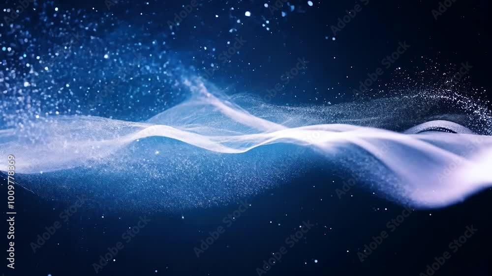 Abstract particles flow in a wave pattern against a blue background ...
