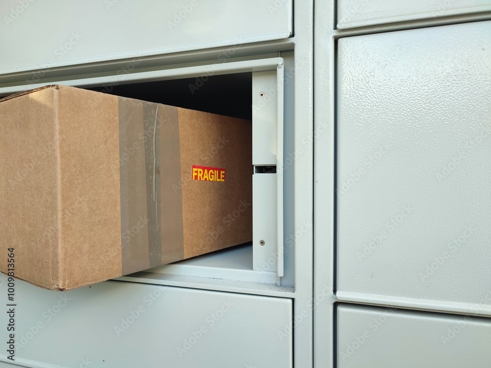 A close-up of a cardboard box with a "Fragile" sticker placed inside a ...