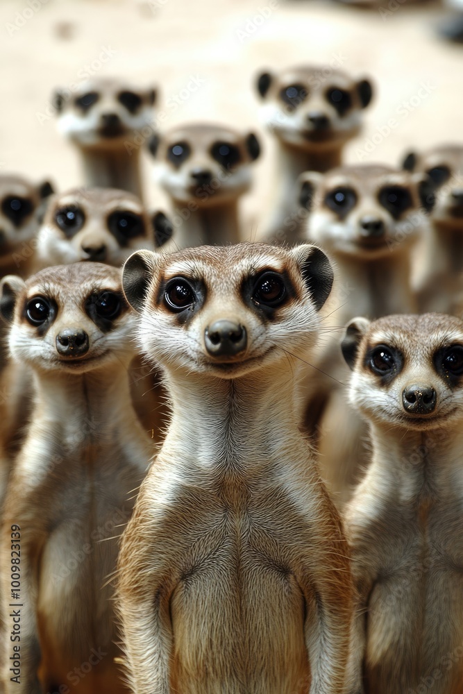 Grupo de suricatas en posición alerta, vigilando su entorno en la ...