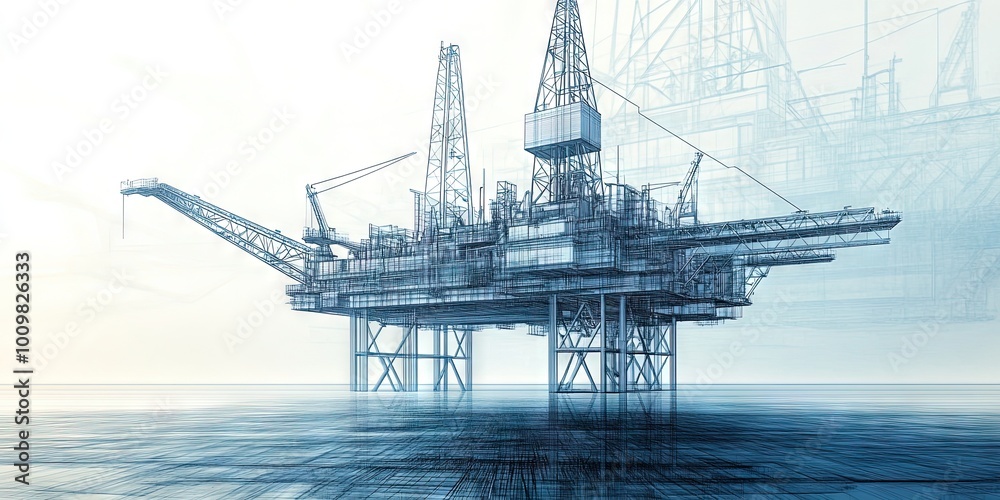 wire-frame style rendering in 3D portrays the concept of an offshore ...