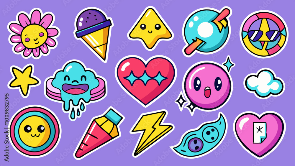 Vector set of cute funny patches and stickers in 90s style. Modern ...