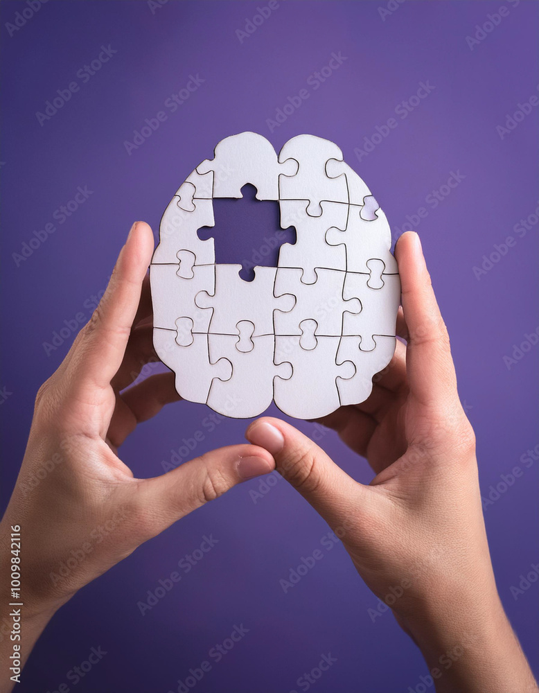 Human hands holding brain anatomy missing a piece of jigsaw puzzle on ...