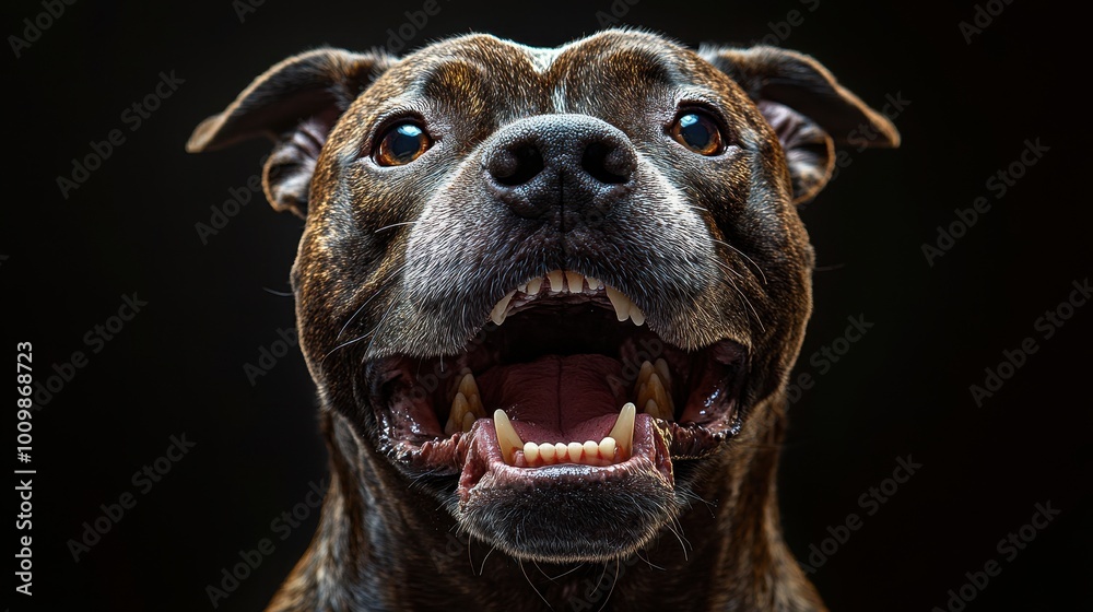 Closeup front view face portrait of aggressive barking dog with open ...