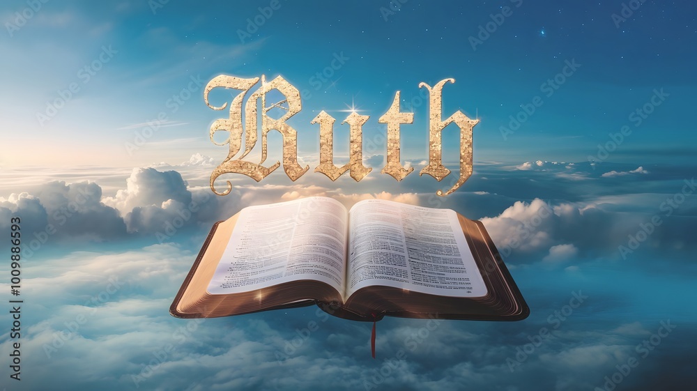 A photo of the Bible floating above a sea of clouds, with the text Ruth ...