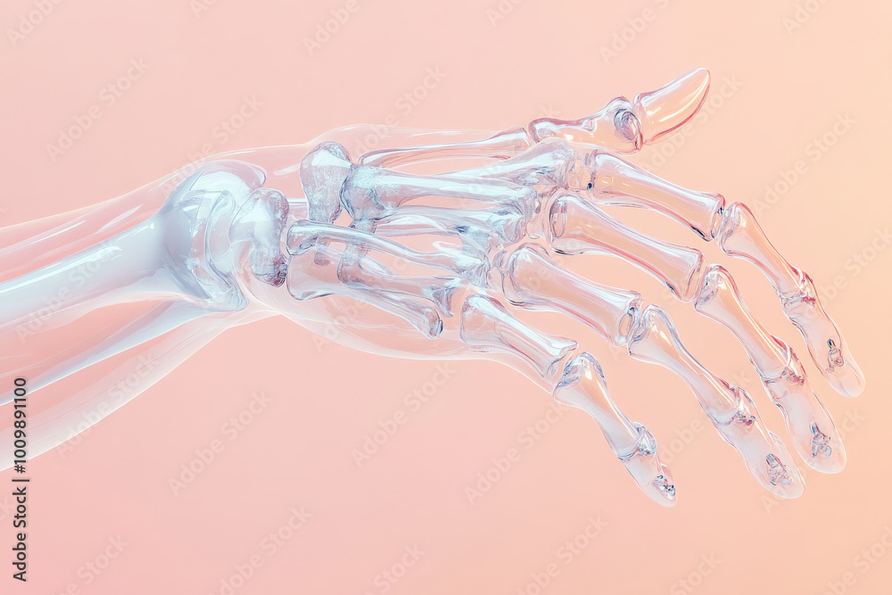 A detailed illustration of a human wrist's anatomy in a translucent 3D ...
