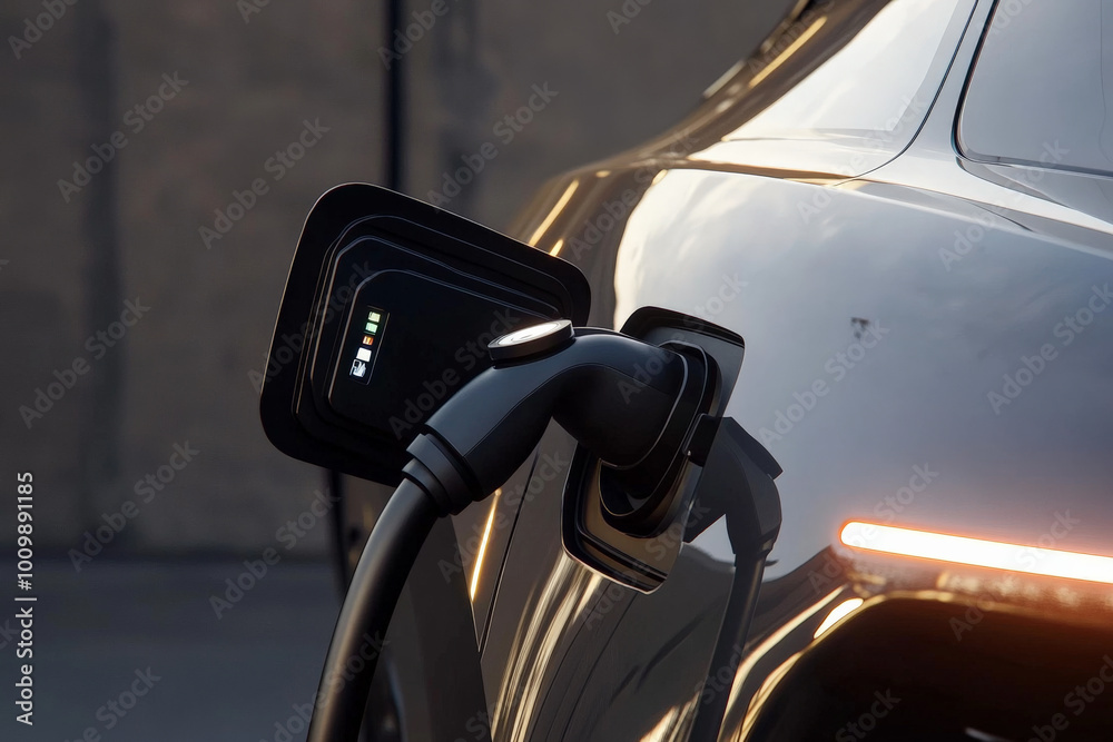 A close-up of an electric vehicle's charging port being connected to a ...